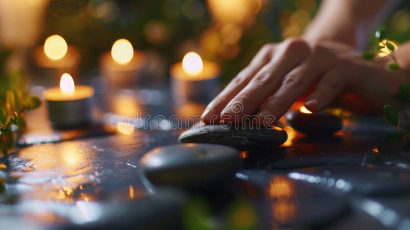 Hand Placing Smooth Stone on Table with Candles Stock Image - Image of ...