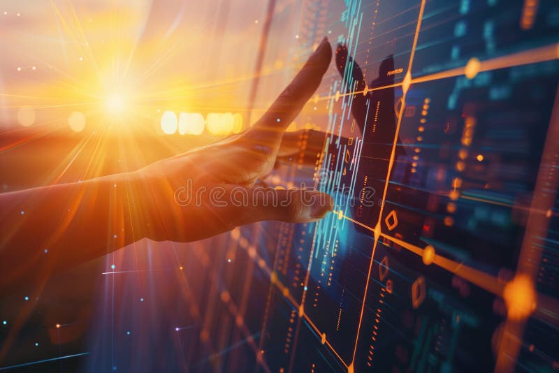 Close Up of Hand Touching Solar Panel with Digital Interface and Bright ...