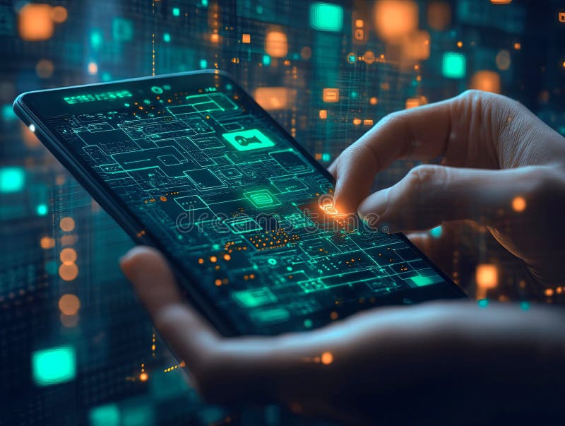 A Close-up Image of a Hand Using a Sleek, Modern Tablet with Circuit ...