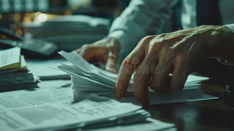 Close-up Image of Hands Sorting through a Stack of Papers on a Desk in ...
