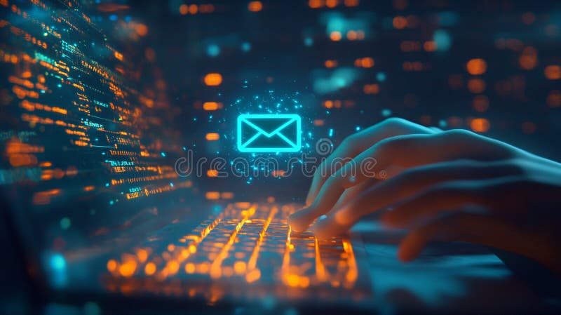 Digital Email Communication Hands Typing on Laptop Keyboard Neon Email ...