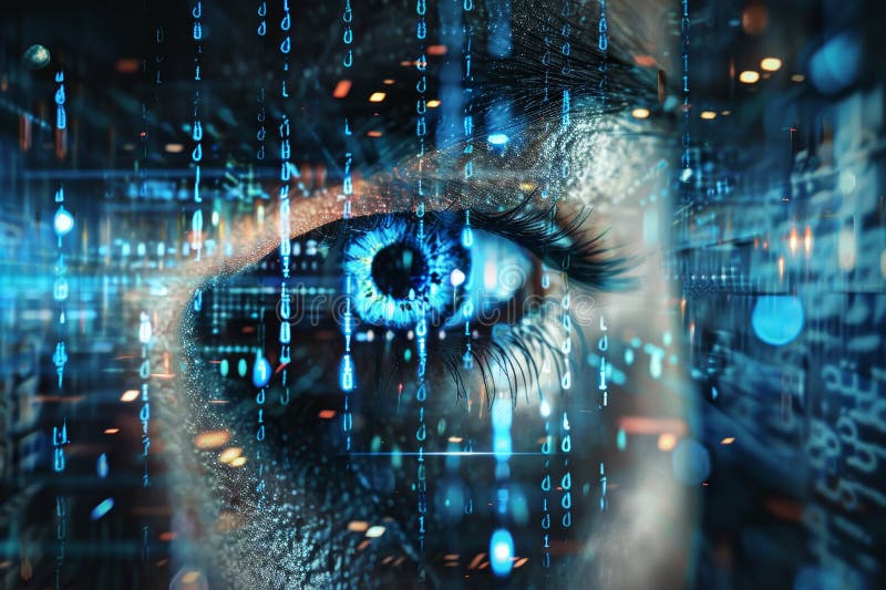 A Close-up Image of a Human Eye with Digital Code Overlaid on Top ...