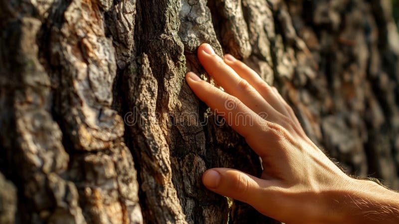 Hand Touching Rough Tree Bark Warm Sunlight Close-up Outdoor Nature Man ...