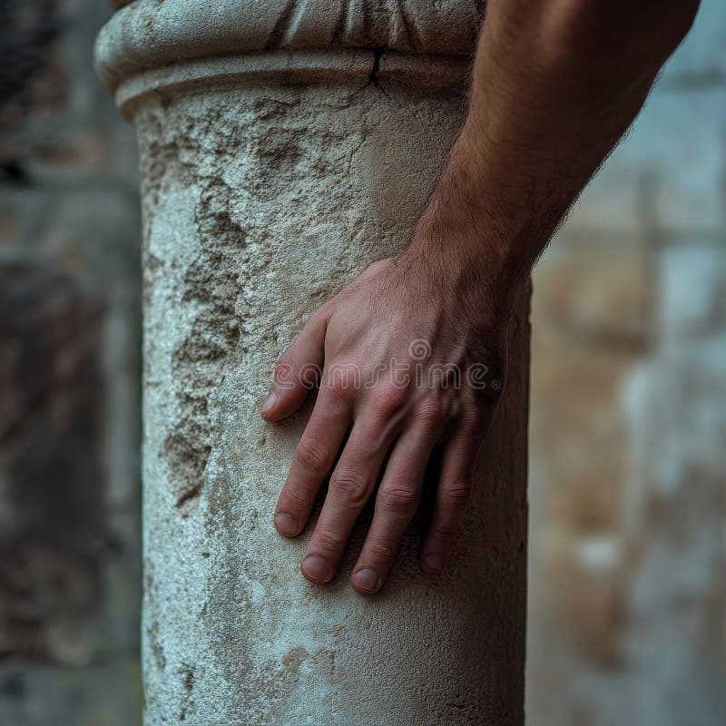 Close-up Image of Human Hand Touching an Ancient Column, Conceptual ...