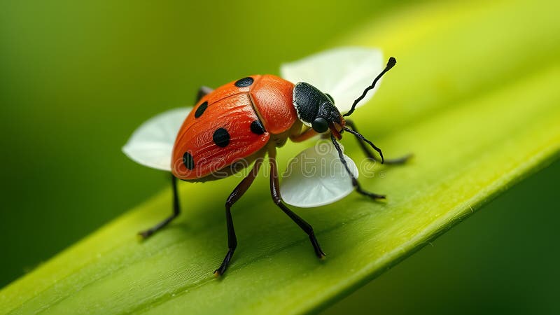 Ladybug on Green Leaf with White Wings, Stock Photo - Image of ...