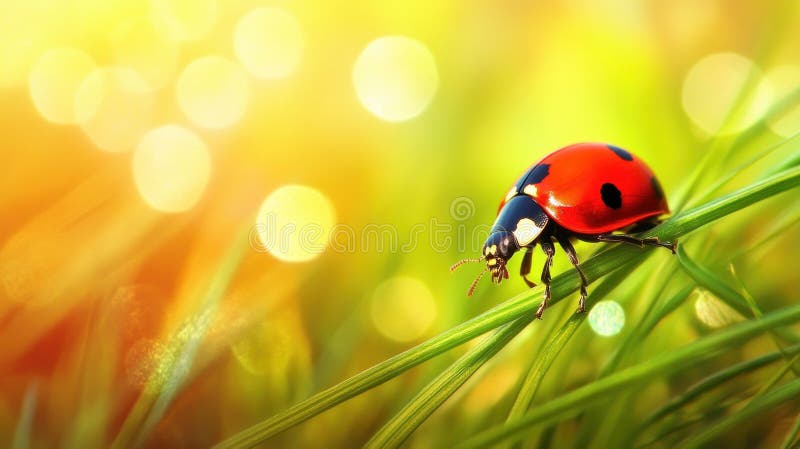 Close-up Image of Ladybugs on Green Grass, Bright Red Illuminated by ...