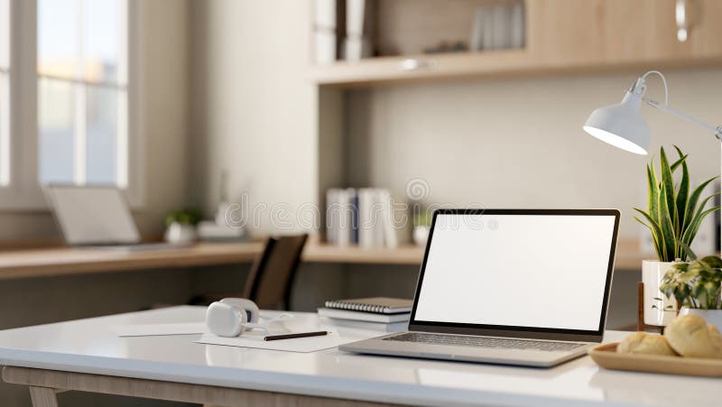 A Close-up Image of a Laptop Computer Mockup on a White Table in a ...