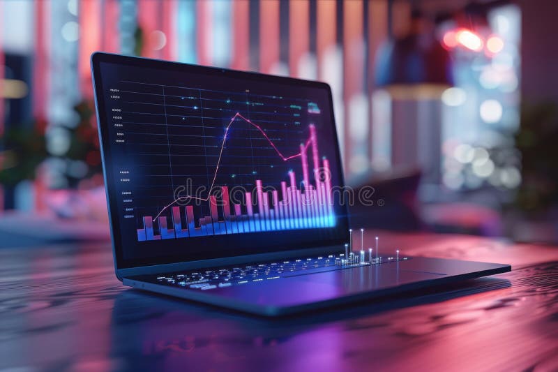 A Close-up Image of a Laptop Screen Displaying a Vibrant 3D Bar Graph and Growth Chart in a ...