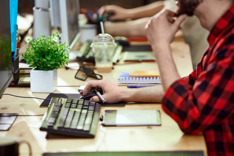 Close-up Image of Male Hands, Graphic Designer, Retoucher Working with ...