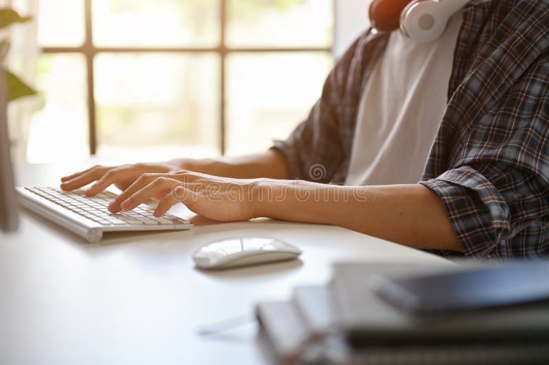 Close Up Image Of A Male Programmer Or Freelancer Using His Computer Stock Image Image Of