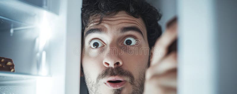 Surprised Man Discovering Hidden Chocolate in the Refrigerator with ...