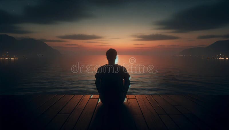 A Close-up Image of a Man Sitting Alone on the Edge of a Dimly Lit Pier ...