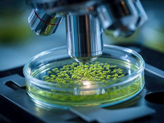 Close-up Image of a Microscope Examining Green Particles in a Petri ...