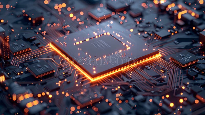 Close-up Image of a Modern Microprocessor on a Motherboard, Surrounded ...