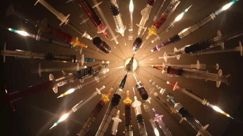 Syringes Suspended from the Ceiling with Lights Stock Illustration ...
