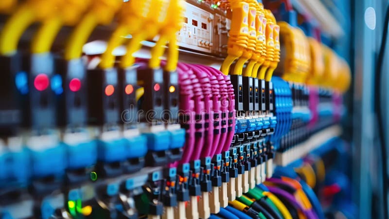 Network Switch with Ethernet Cables Transmits Data with Glowing ...