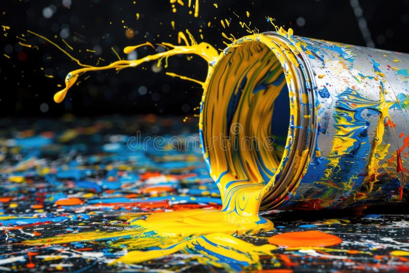 A Close-up Image of a Paint Can Spilling Yellow Paint on a Black ...