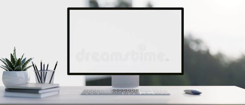 A Close-up Image of a PC Computer White-screen Mockup and Accessories ...