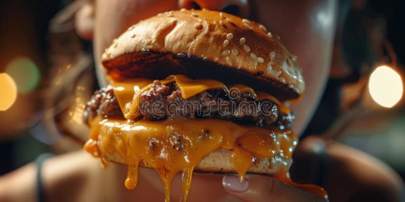 Close-up of a Person Taking a Bite Out of a Cheeseburger, with Melted ...