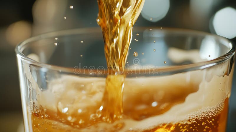 Close-up Image of the Process of Pouring an Amber Drink into a Glass ...