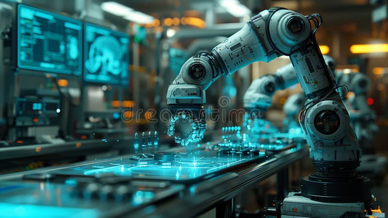 Robotic Arm Working on a Factory Assembly Line Stock Photo - Image of ...