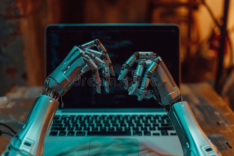 Robot Hand Typing on a Laptop Stock Illustration - Illustration of ...