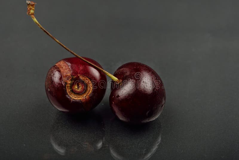 Close Up of Image of Rotten Red Cherries Fruit on Reflective Black ...