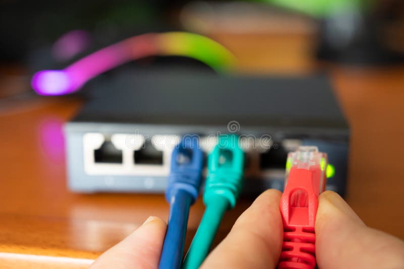 Close-up Image of a Router: the Connections of the Three Red, Green and ...