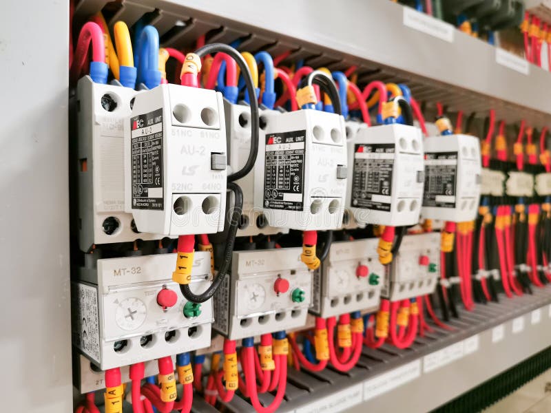 Close Up Image of a Row Contactors in Electrical Cabinet. Editorial ...