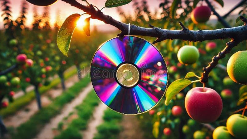A Close-up Image of a Shiny CD Hanging from a Tree Branch Stock ...