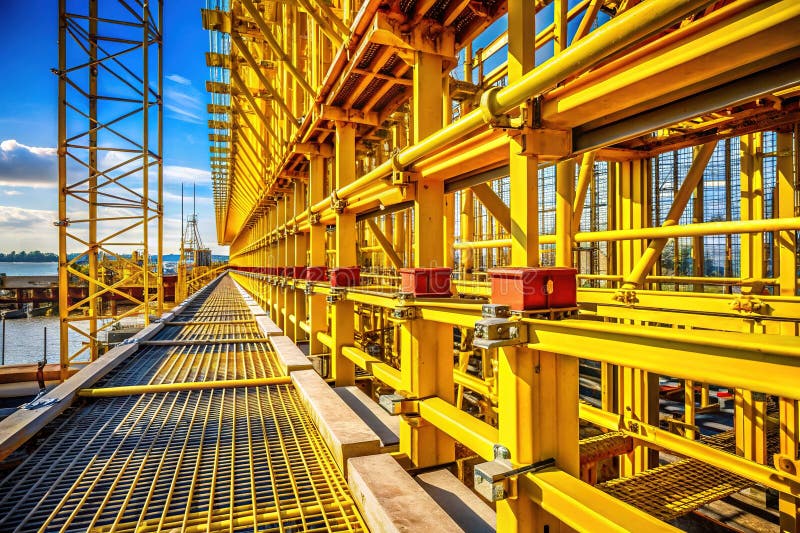 Detailed View of Yellow Metal Bridge Pier Scaffolding during ...