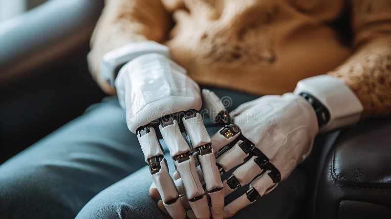 Futuristic Robotic Hands Resting on Lap of Individual Wearing Sweater ...