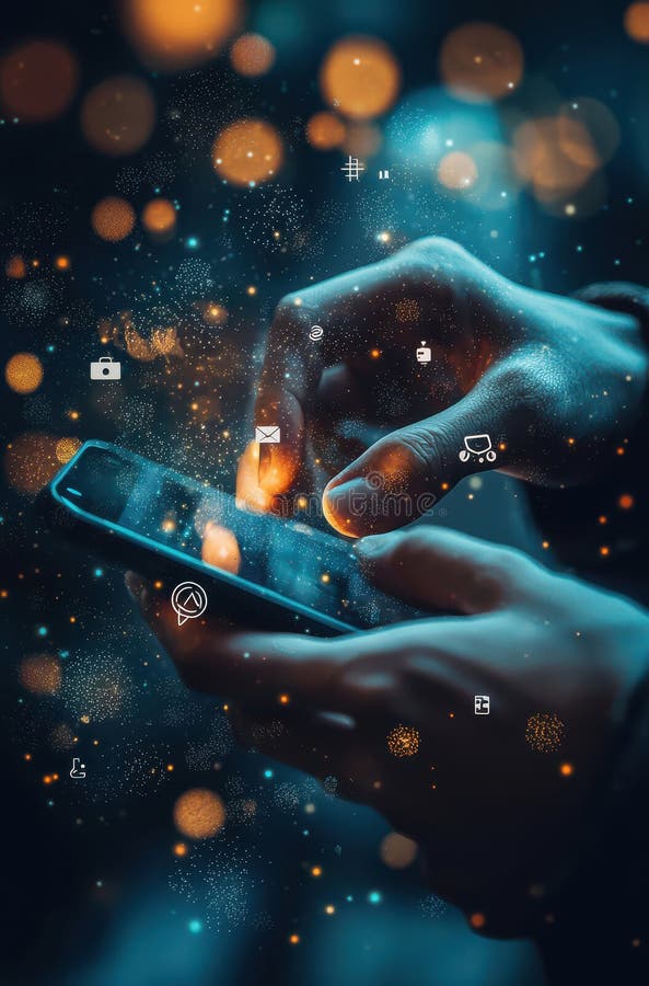 Close-up of Hands Interacting with a Futuristic Mobile Device Interface ...