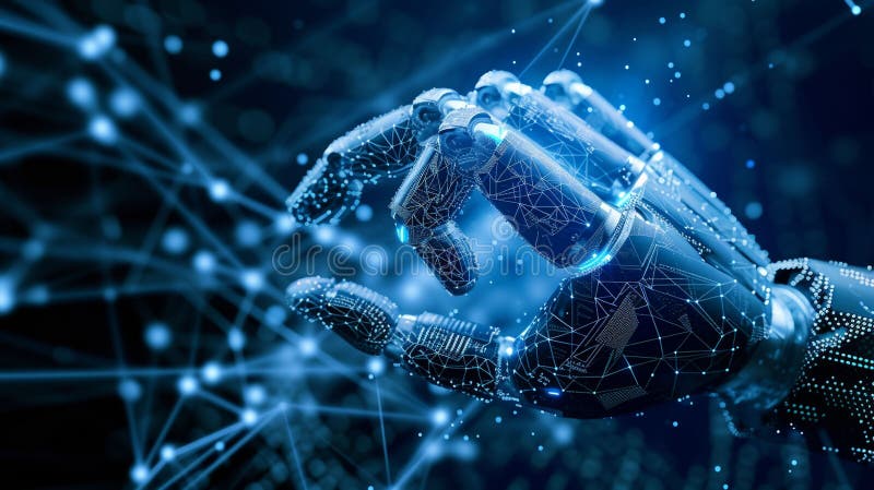 Closeup of a Robotic Hand Interacting with a Network of Blue Lines ...