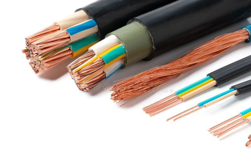 Various Electrical Wires with Exposed Copper Strands on White ...