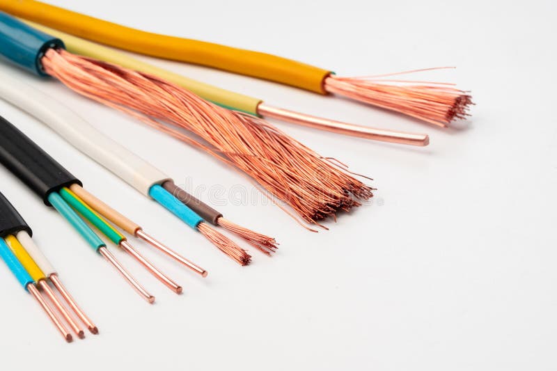 Various Electrical Wires with Exposed Copper Strands on White ...
