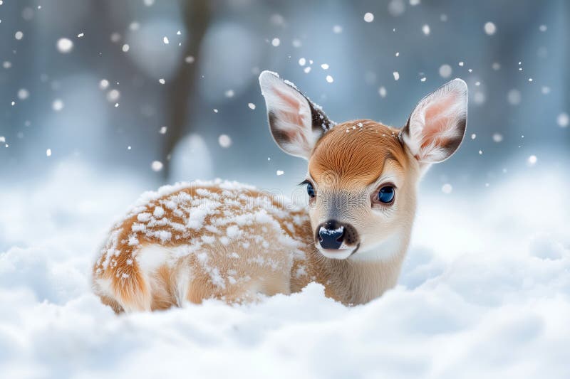 Close-up Image of a Small Reindeer Sitting in Snow. Stock Illustration ...