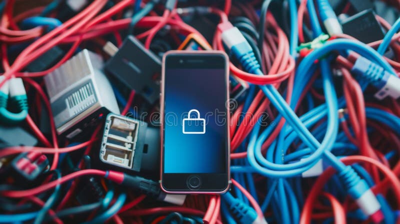 Smartphone with Lock Icon among Cables Stock Photo - Image of safety ...