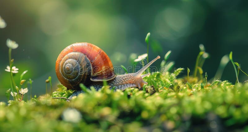 Snail Crawling on Mossy Ground in a Lush Green Forest Stock Image ...