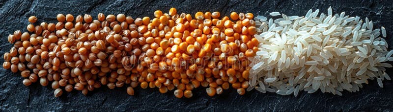 Close-up Image of Sorghum and Rice Grains Displayed in a Row on a Dark ...