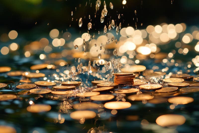 Stack of Coins Submerged in Water with Raindrops Falling Stock ...