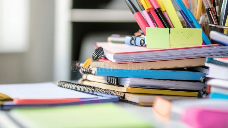 Stack of Notebooks and Pens on a Desk Stock Photo - Image of student ...