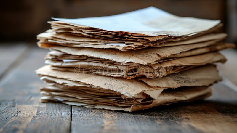 Stack of Aged Vintage Papers on Rustic Wood Old Worn Torn Brown Beige ...