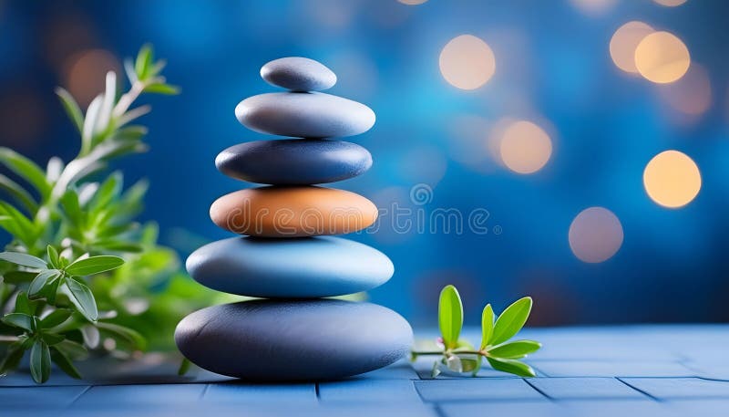 Stacked Smooth Pebbles on Blue Background with Green Greenery Stock ...