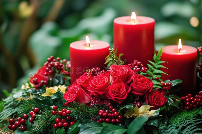 Close-up Image of a Table Centerpiece with Red Roses, Pine Branches and ...
