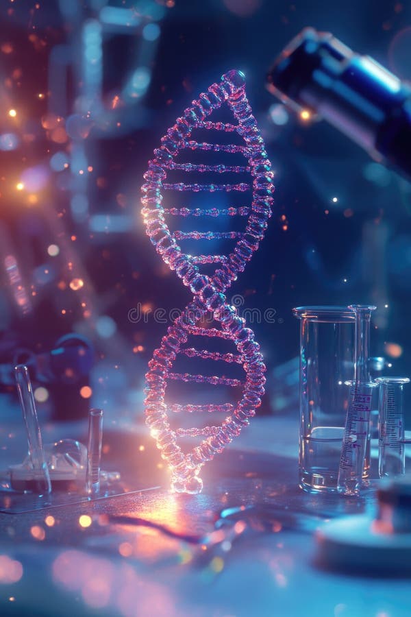 A Close-up Image of a Table with a Microscope and a Strand of DNA ...