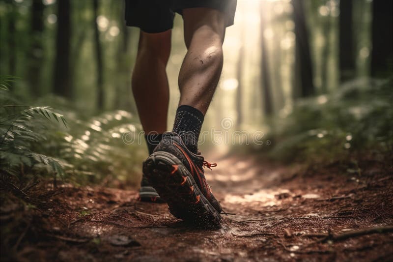 Close Up Image of Trail Runner Man Walking on Forest. AI Generated ...