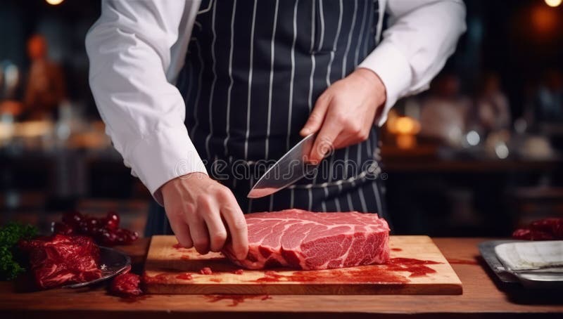 Close-up Image of an Unrecognizable Chef Holding a Knife To Cut Meat at ...
