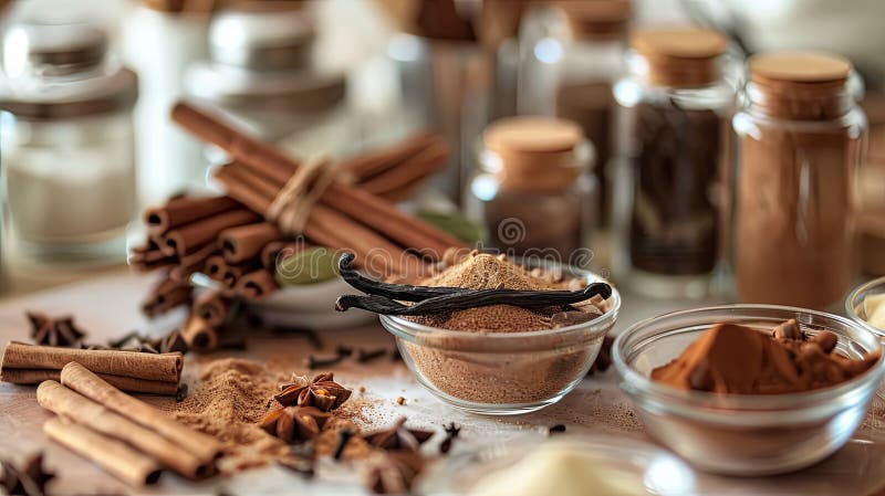 A Close-up Image of Various Baking Spices, Including Cinnamon Sticks ...