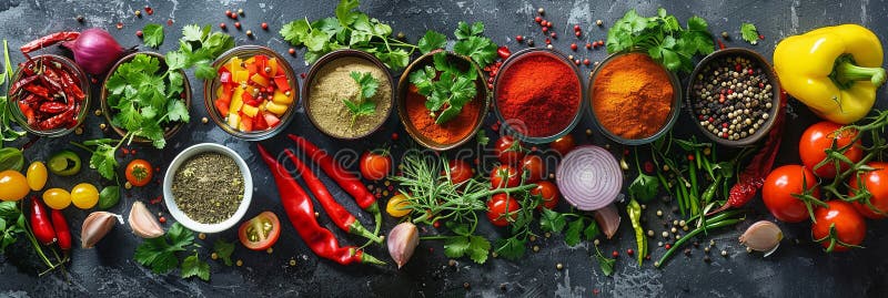A Close-up Image of Various Spices and Fresh Vegetables Laid Out on a ...